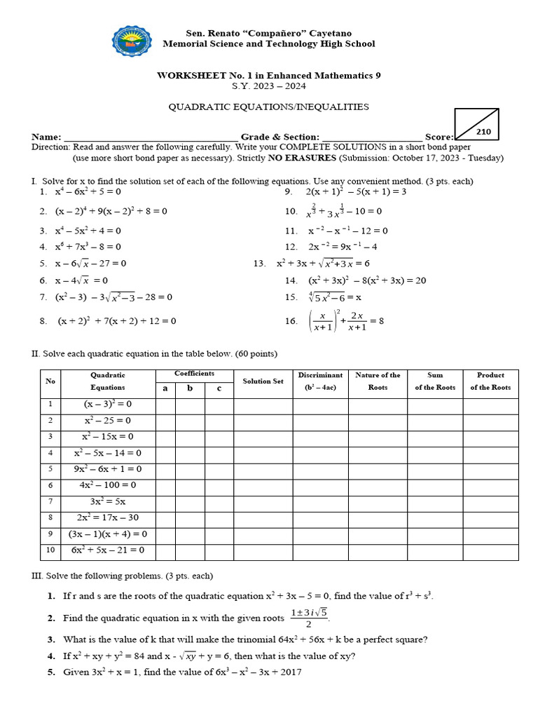 Work-Sheet-1-1st-Quarter | PDF | Quadratic Equation | Equations