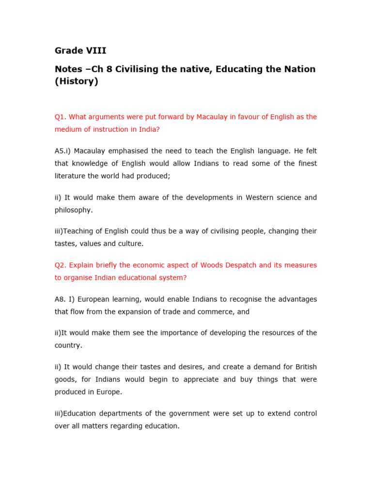 Notes CH 8 Civilising The Native Educating The Nation GR 8 History ...