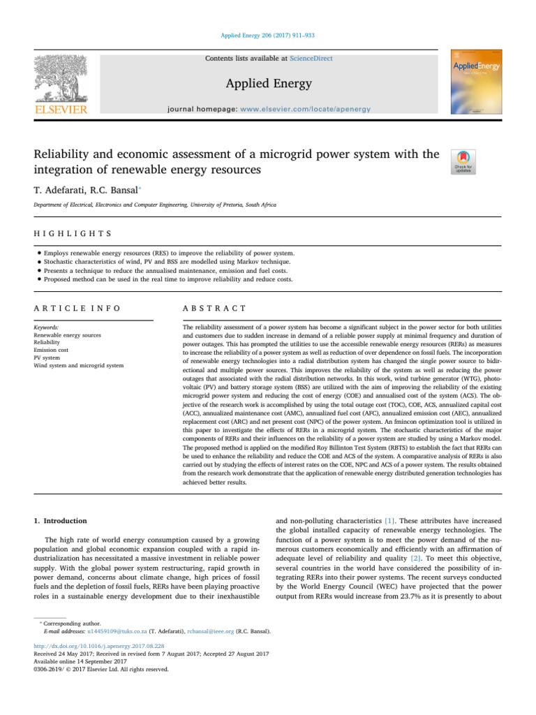 Adefarati 2017 Reliability And Economic Assessment Of A Microgrid Power System With The