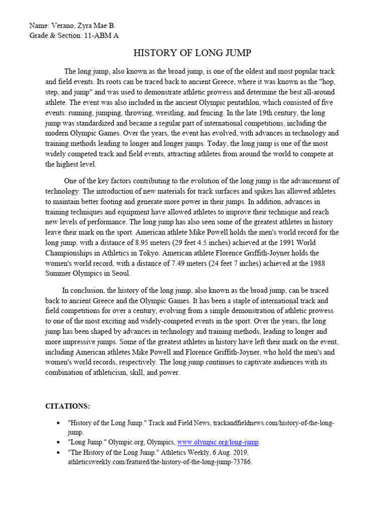 H.O.P.E 2 History of Long Jump | PDF | Track And Field | Sport Of Athletics