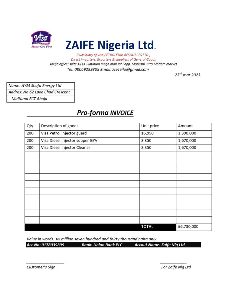 Ay Shafa Proforma Invoice | PDF