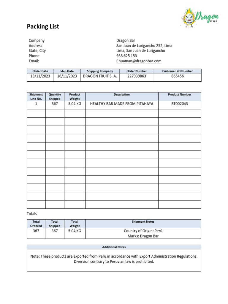 Packing List Formato | PDF