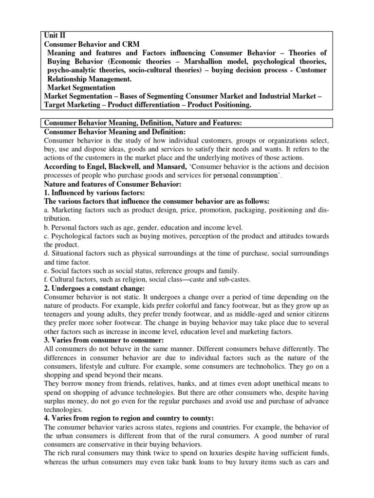 M M - Unit II - Consumer Behavior and CRM - 1 | Download Free PDF | Customer Relationship ...