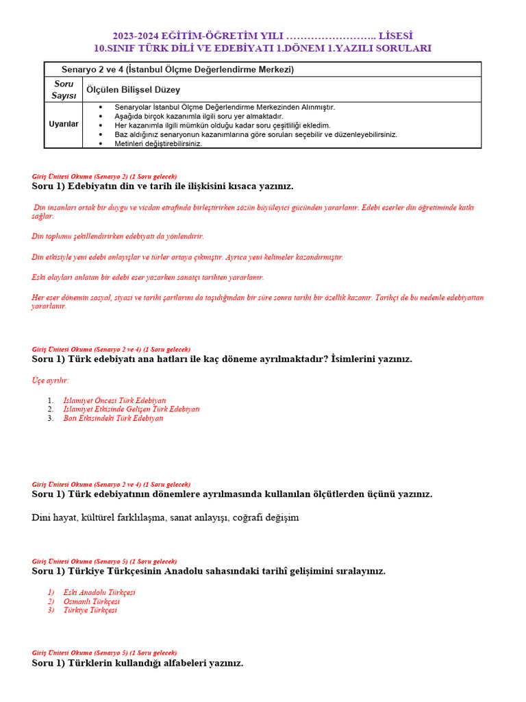 10.Sinif-1.Dönem-1.Yazili-Sorulari-ve-Cevaplari-2023-YENI | PDF