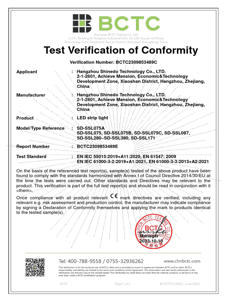 LED Strip Light CE Certificate from shinedo 2023 | PDF