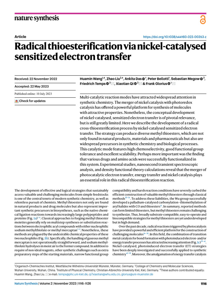 Radical Thioesterification Via Nickel-Catalysed Sensitized Electron ...