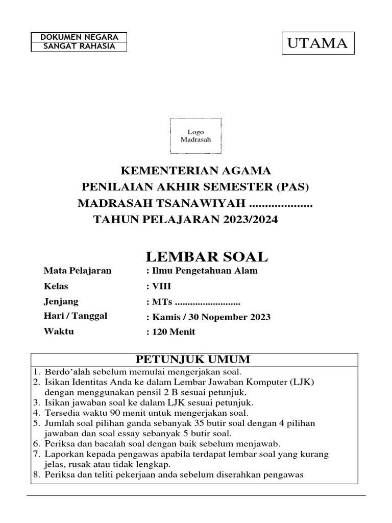 Naskah Pas Mapel Ipa Kelas 8 Paket 02 Tapel 2023-2024 | PDF