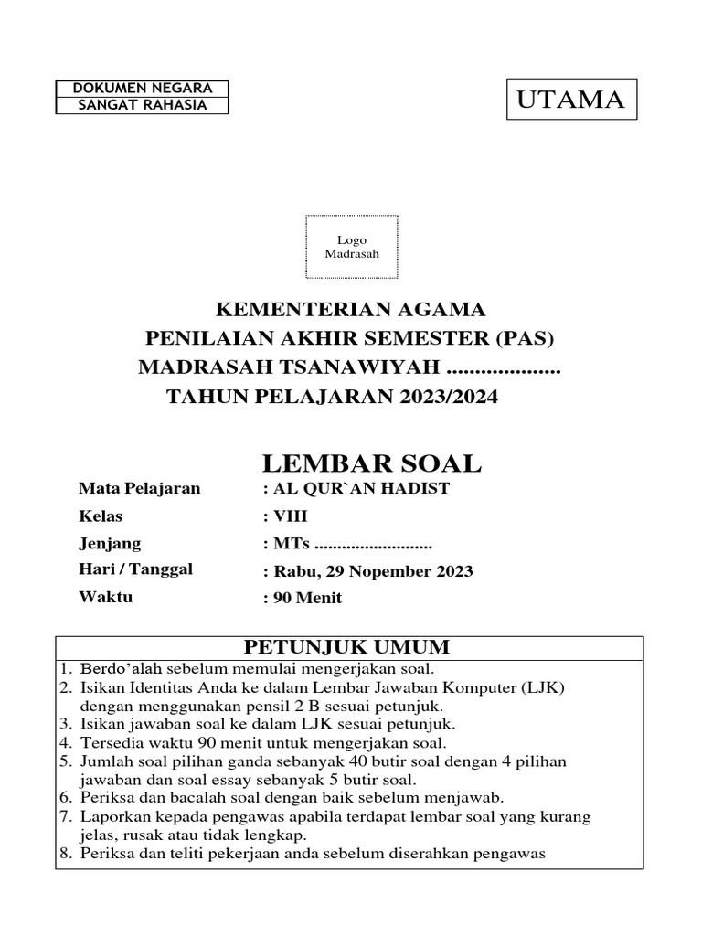 Naskah Pas Mapel Al-Qur'an Hadist Kelas 8 Tapel 2023-2024 (Paket 02) | PDF