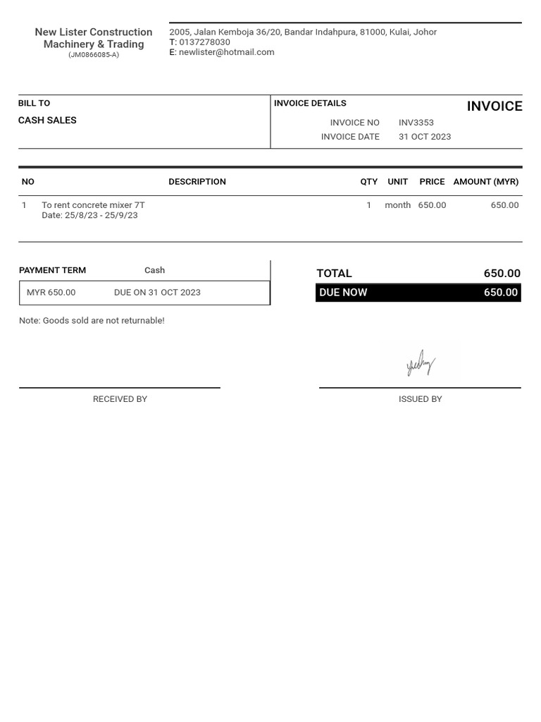 Invoice: New Lister Construction Machinery & Trading | PDF