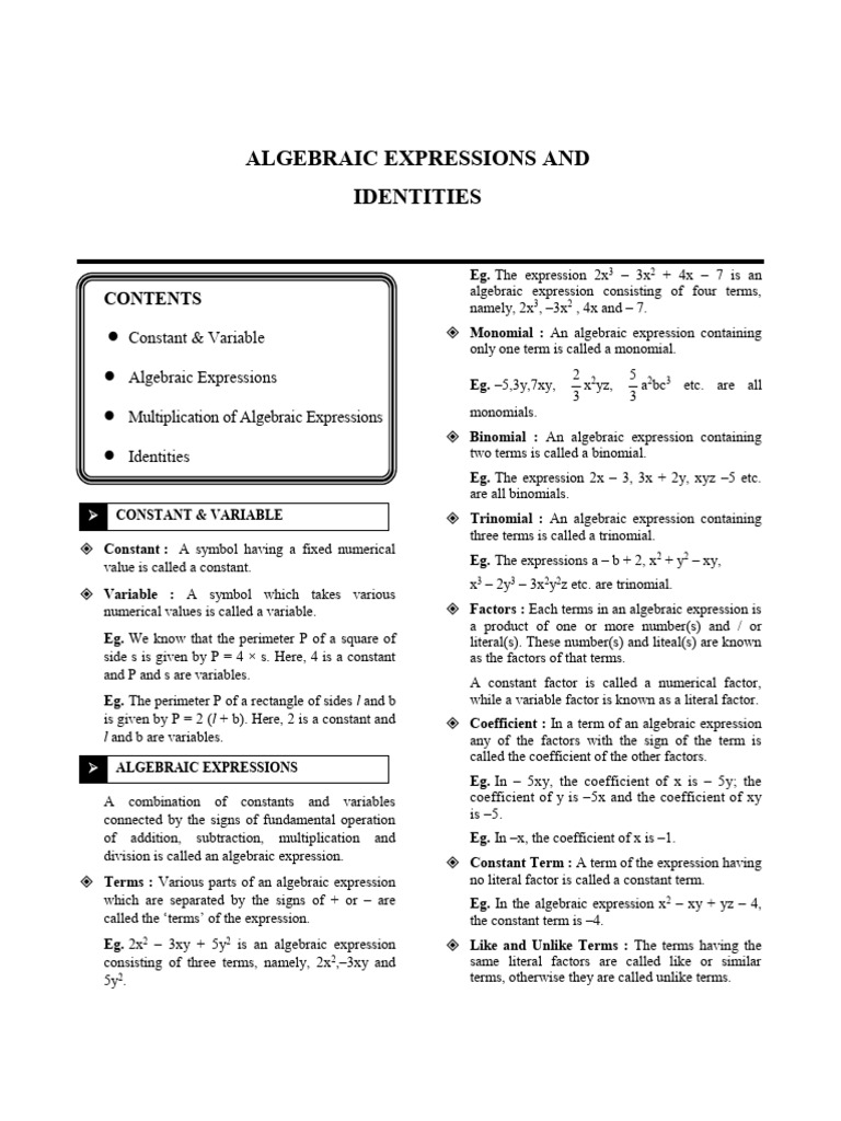 Algebraic Expressionsandidentities | PDF | Abstract Algebra | Mathematical Analysis
