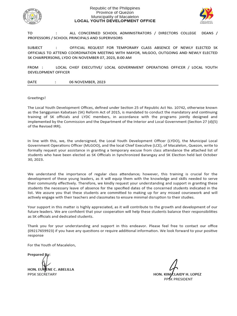 SK Excuse Letter 1 | PDF | Government