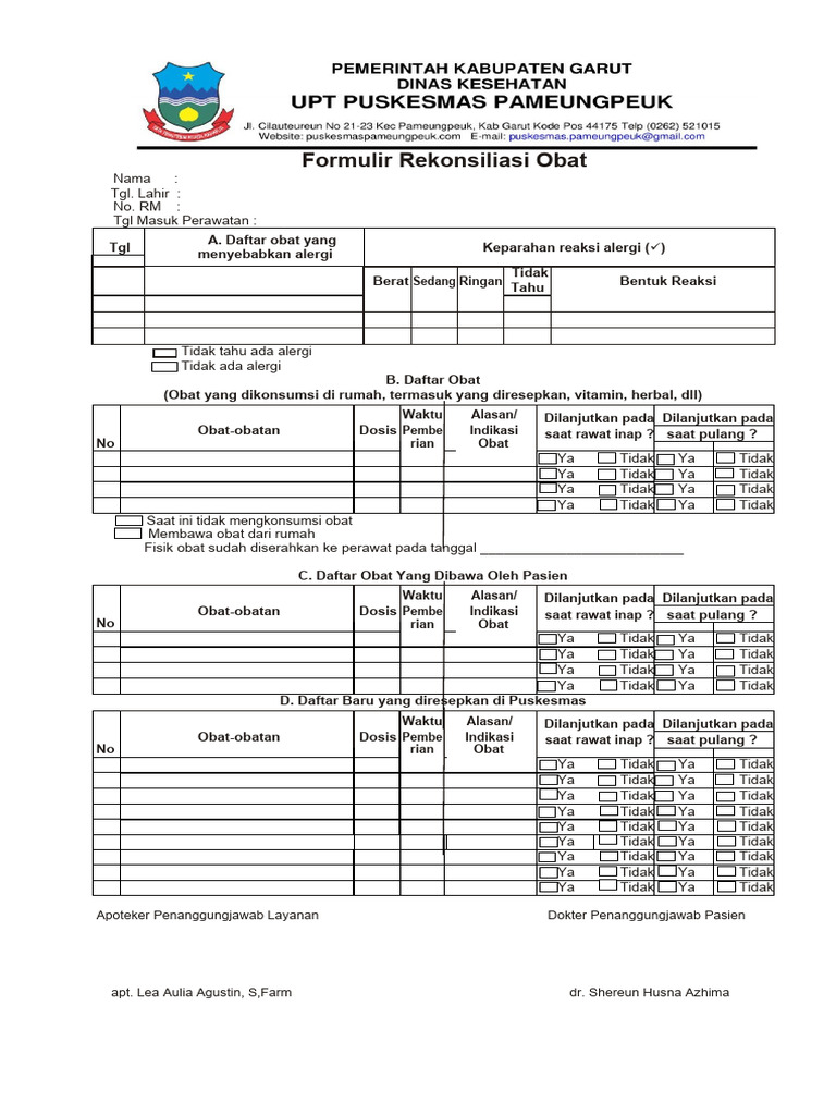 formulir rekonsiliasi obat | PDF