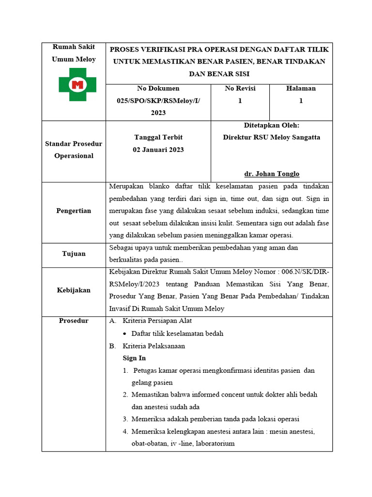 1. SOP VERIFIKASI PRA OPERASI DENGAN DAFTAR TILIK | PDF
