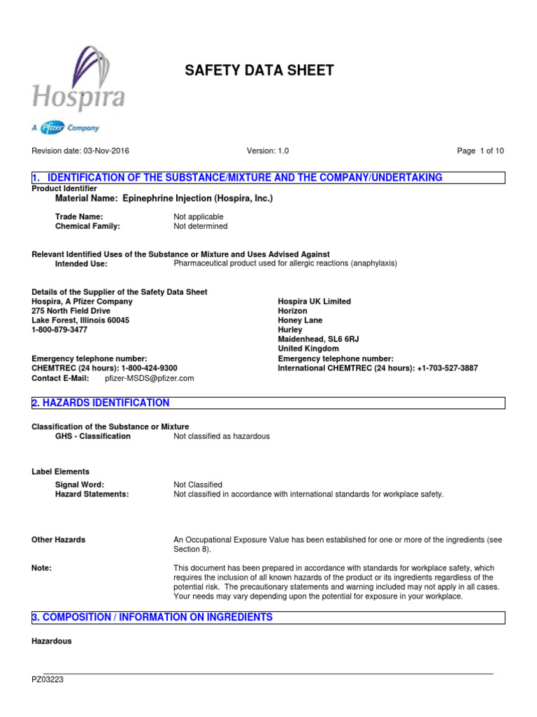 Epinephrine Injection Safety Data Sheet | PDF | Workplace | Working ...