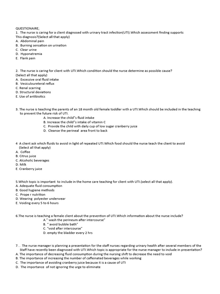 Uti Quiz | PDF | Urinary Tract Infection | Diseases And Disorders
