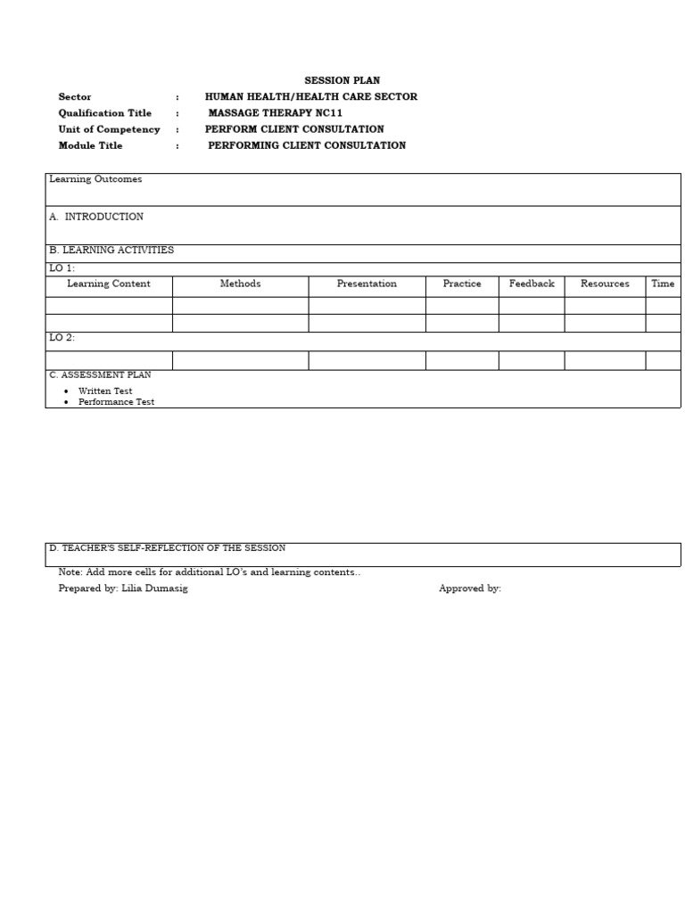 LILIA TMI-Session Plan Template Form | PDF | Self-Improvement