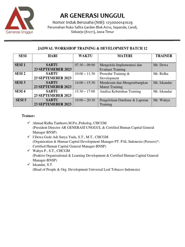 Jadwal Workshop Training & Development Batch 12 | PDF