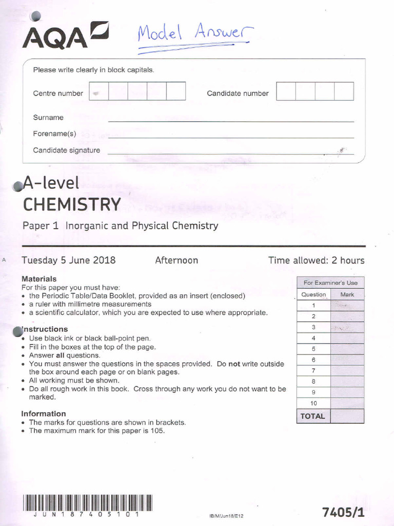 Alevel Chem Paper 1 - 2018 Model Answer B | PDF