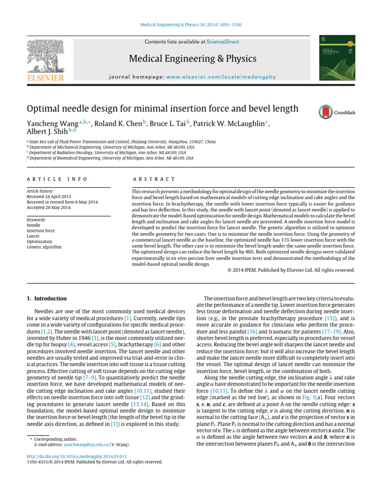 Optimal needle design for minimal insertion force and bevel length ...