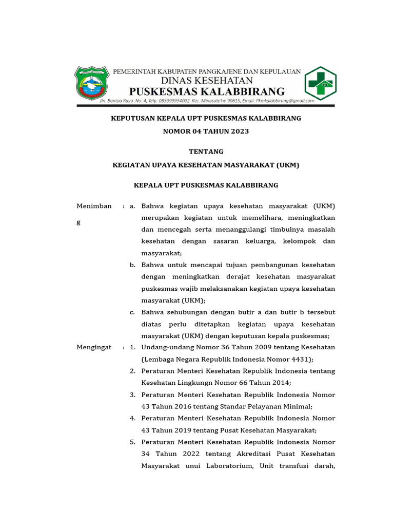 Keputusan UKM Puskesmas Kalabbirang 2023 | PDF