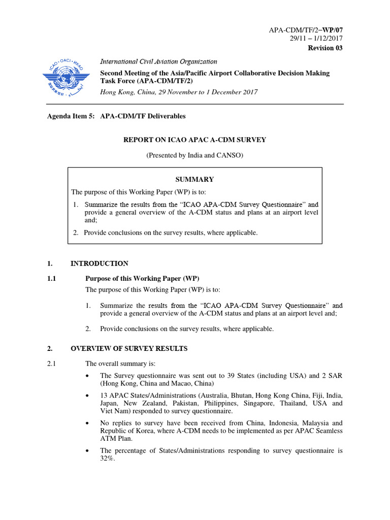 AI05 WP07 Report On ICAO APAC A-CDM Survey - Rev. 03 | PDF | Chart | Airport