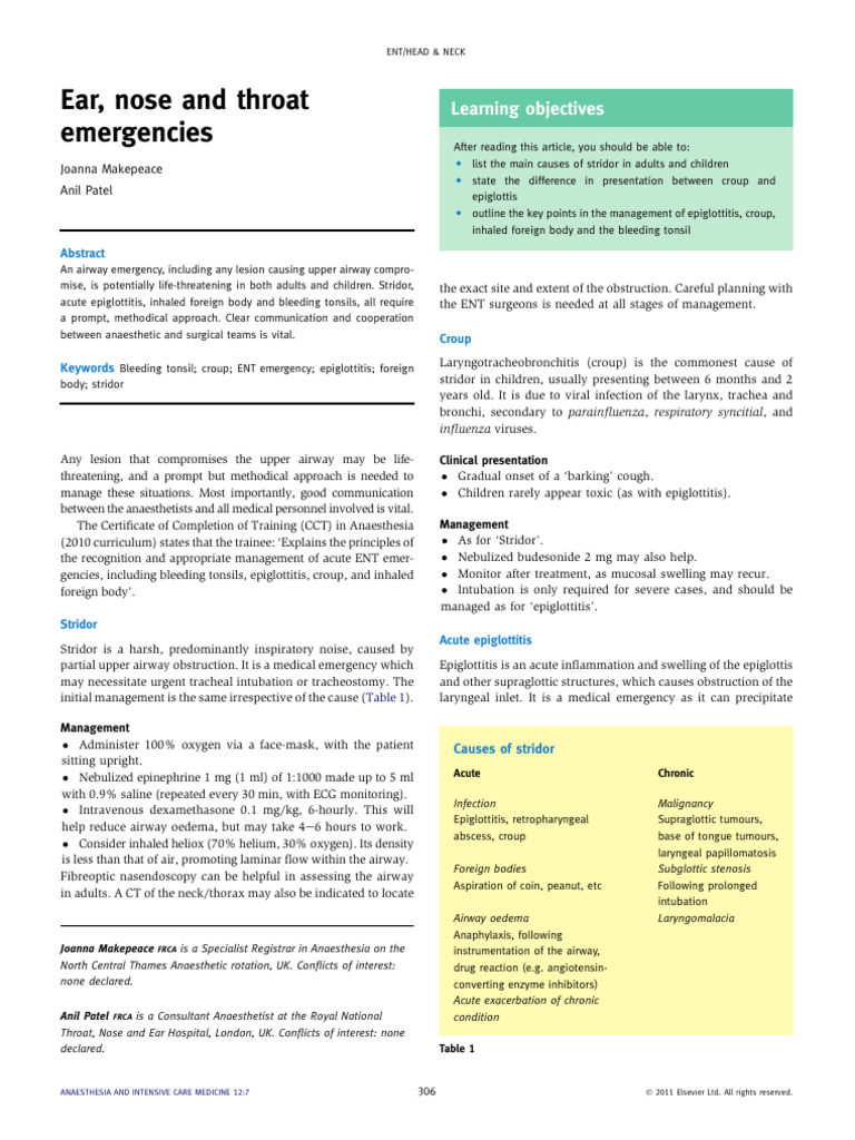Managing ENT Emergencies in Patients | PDF | Medical Specialties ...
