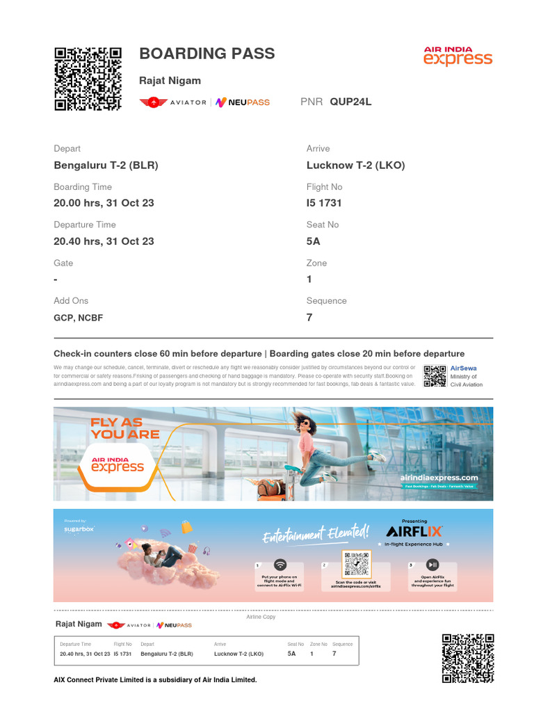 Boarding Pass (BLR-LKO) | PDF