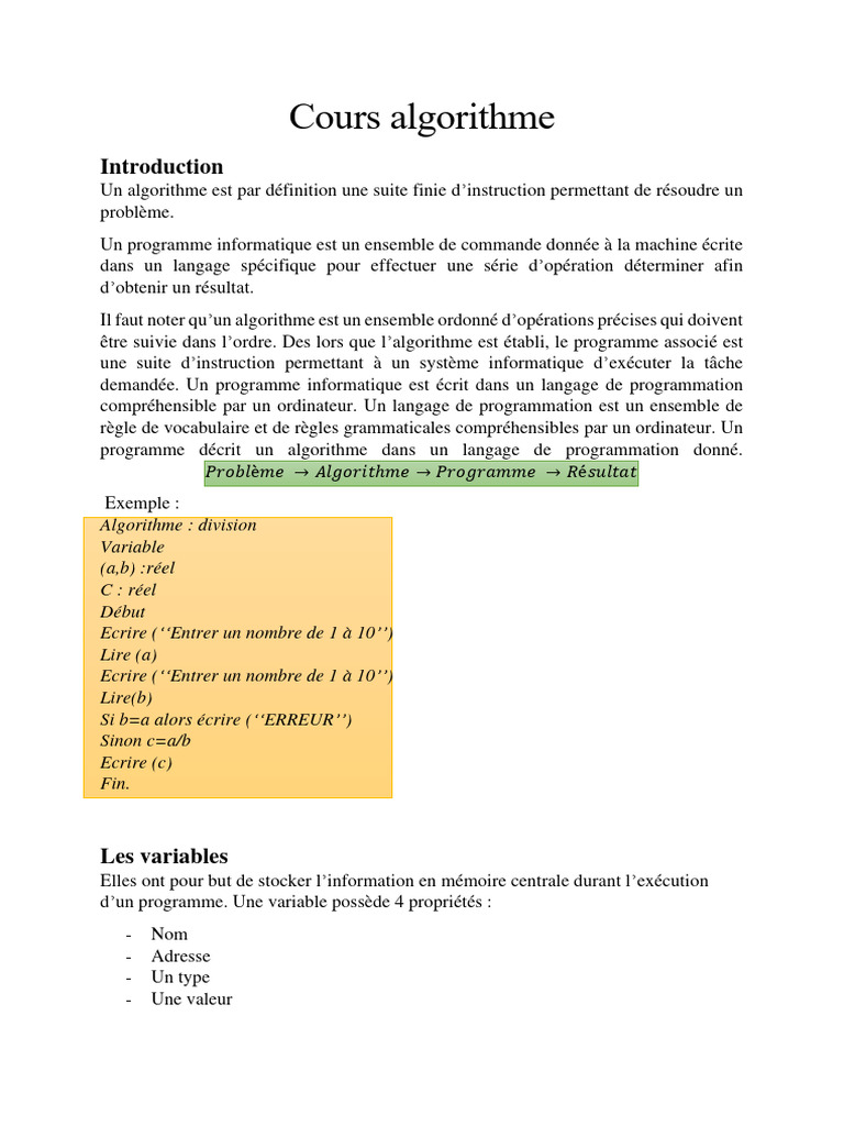 Cours sur les Algorithmes Informatiques | PDF | Programme informatique ...