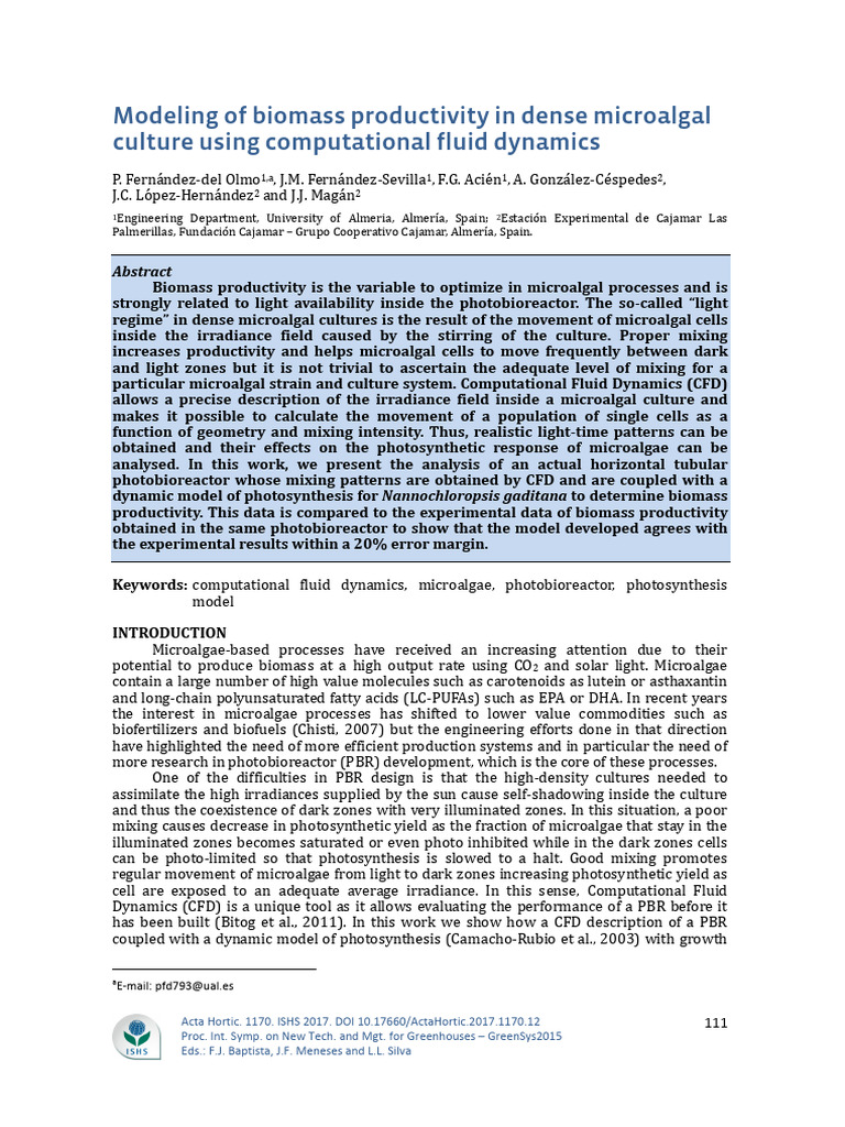 2017 Modeling of Biomass Productivity in Dense Microalgal Culture Using Computational Fluid ...