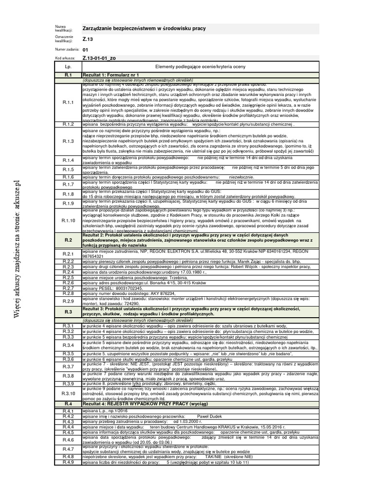 z13 2016 Czerwiec Egzamin Zawodowy Praktyczny Zasady Oceniania | PDF
