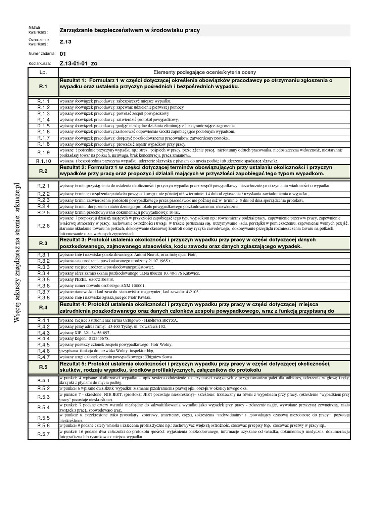 z13 2016 Pazdziernik Egzamin Zawodowy Praktyczny Zasady Oceniania | PDF