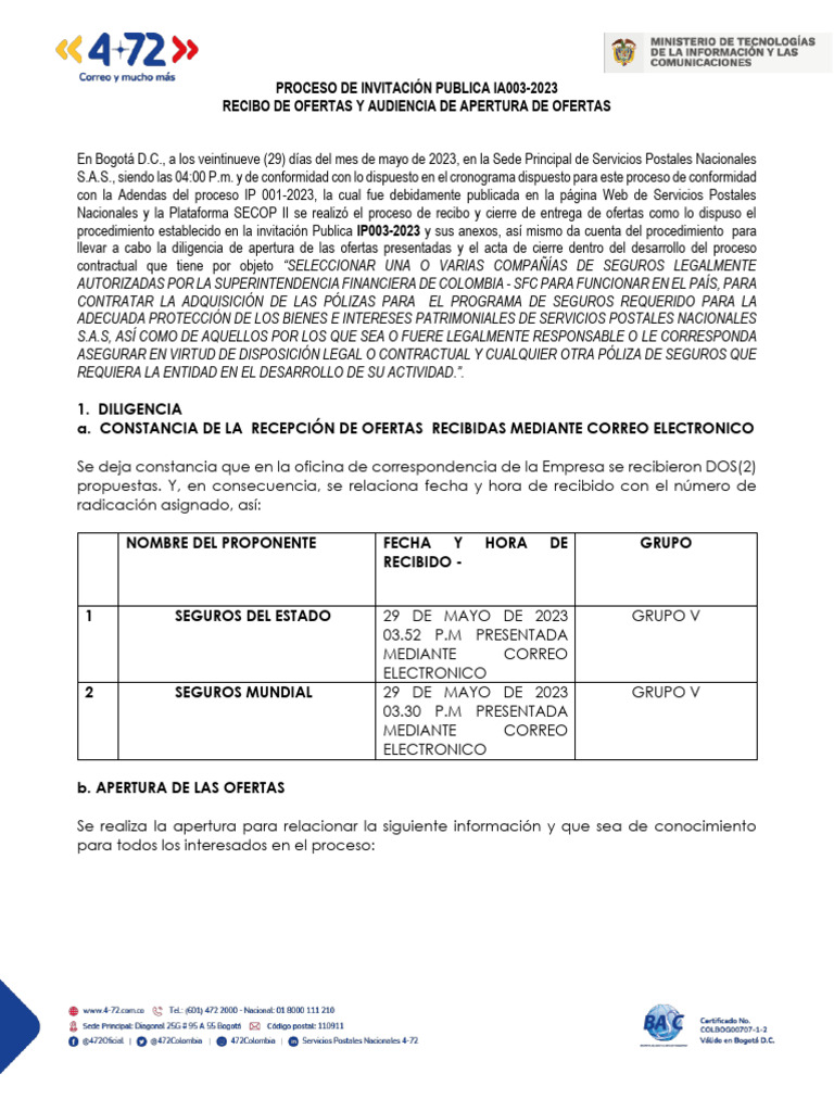 Acta de Apertura de Ofertas Ip 003-2023 | PDF | Póliza de seguros | Correo