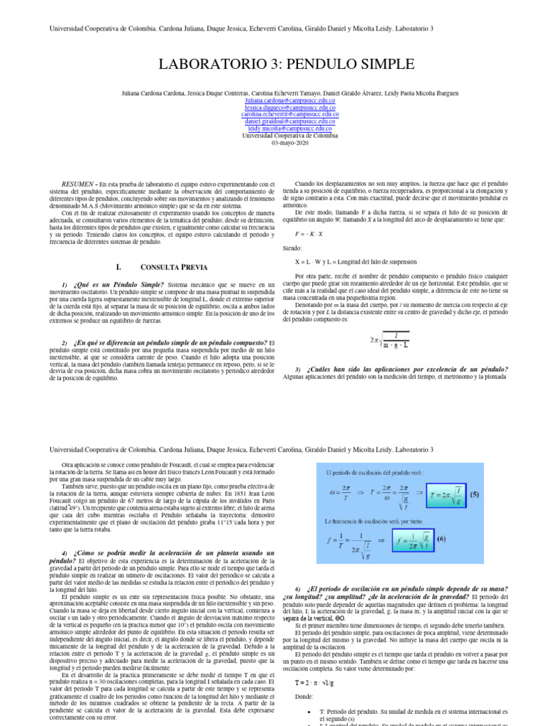 Informe Laboratorio 3 - Pendulo Simple | PDF | Péndulo | Oscilación
