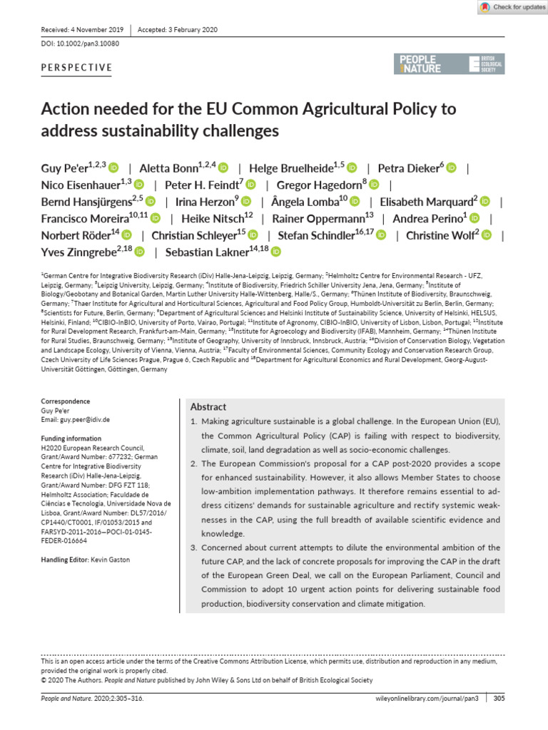People and Nature - 2020 - Pe Er - Action Needed For The EU Common Agricultural Policy To ...