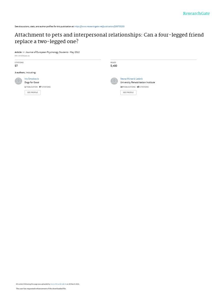 Attachment To Pets and Interpersonal Relationships | PDF | Attachment Theory | Loneliness