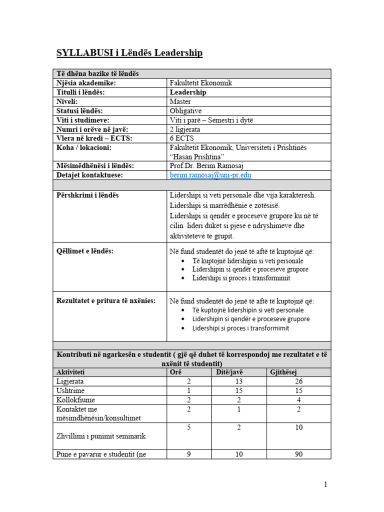 SYLLABUSI I Lëndës Leadership: Berim - Ramosaj@uni-Pr - Edu | PDF