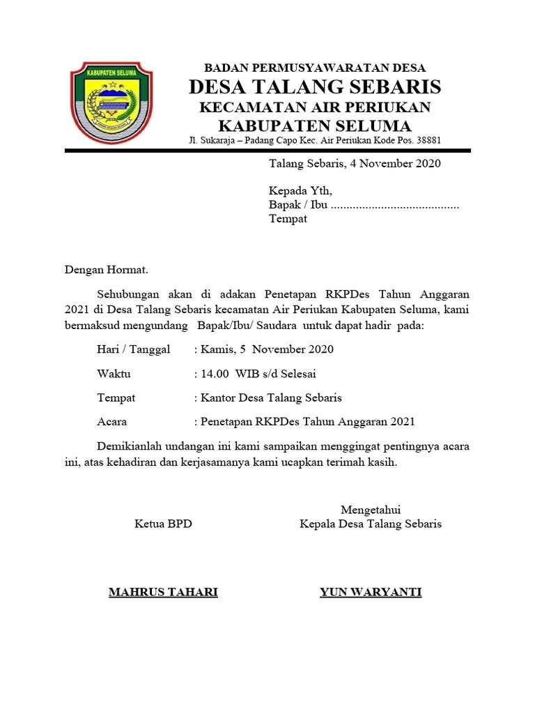 Undangan Penetapan RKPDes 2021 | PDF