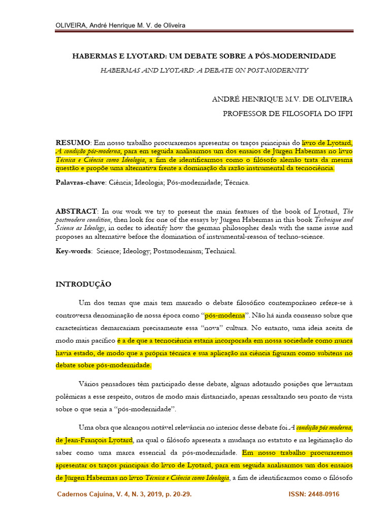 Habermas e Lyotard: Um Debate Sobre A Pós-Modernidade | PDF | Jürgen Habermas | Science