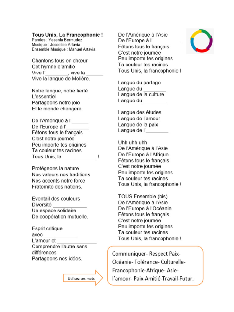 Paroles À Trous - Tous Unis - La Francophonie - Fiche Apprenant | PDF