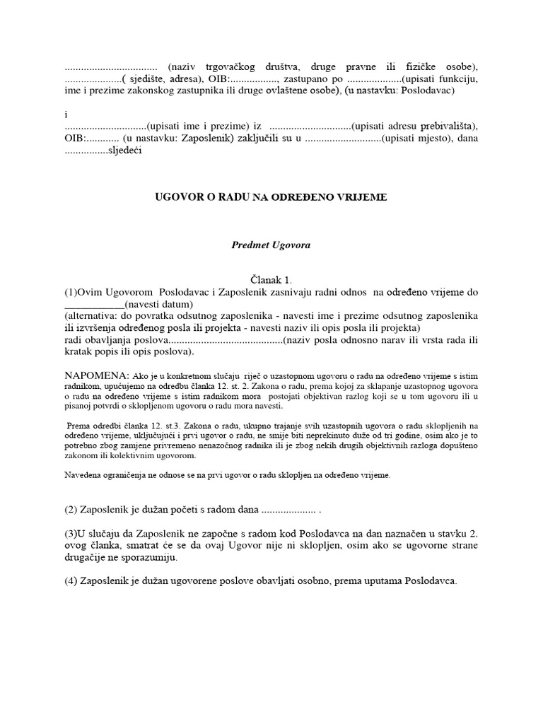 003 Ugovor o Radu Na Odredjeno Vrijeme | PDF