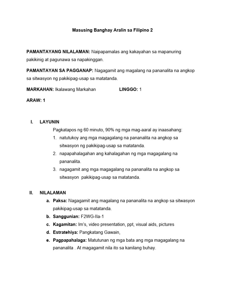 Masusing Banghay Aralin Sa Filipino 2 | PDF