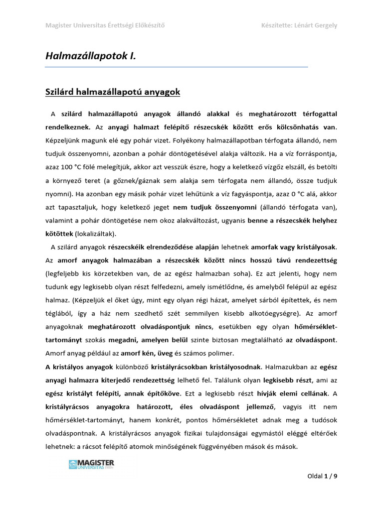 Fejezet HalmazállapotokI Szilárd Halmazállapot | PDF