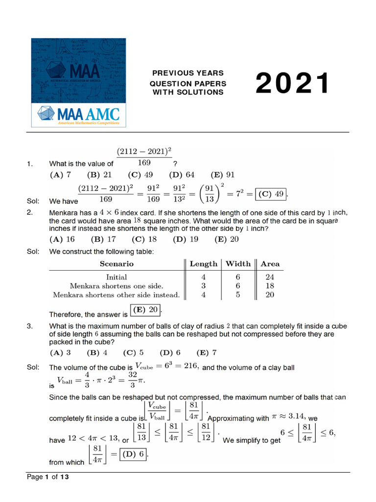 2021 Amc - Previous QP | PDF | Quadratic Equation | Circle