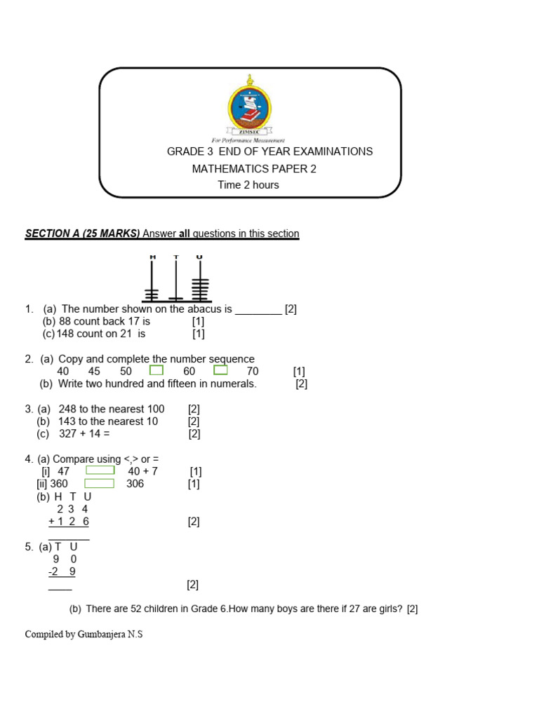Grade 3 Maths Paper 2 End of Year 2022 | PDF
