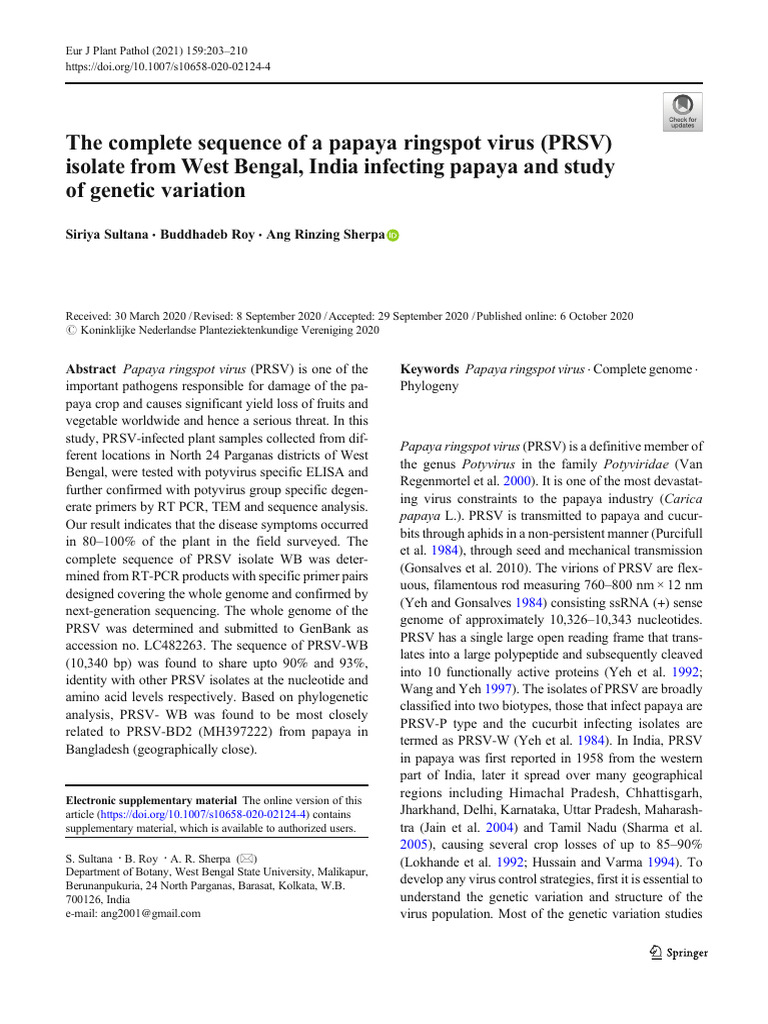 The Complete Sequence of A Papaya Ringspot Virus (PRSV) Isolate From ...