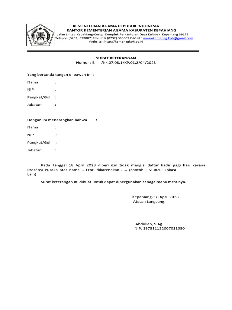 Surat Keterangan Absen Pusaka Eror | PDF