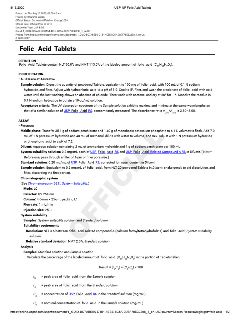 USP-NF Folic Acid Tablets | PDF | Acid | Hydroxide