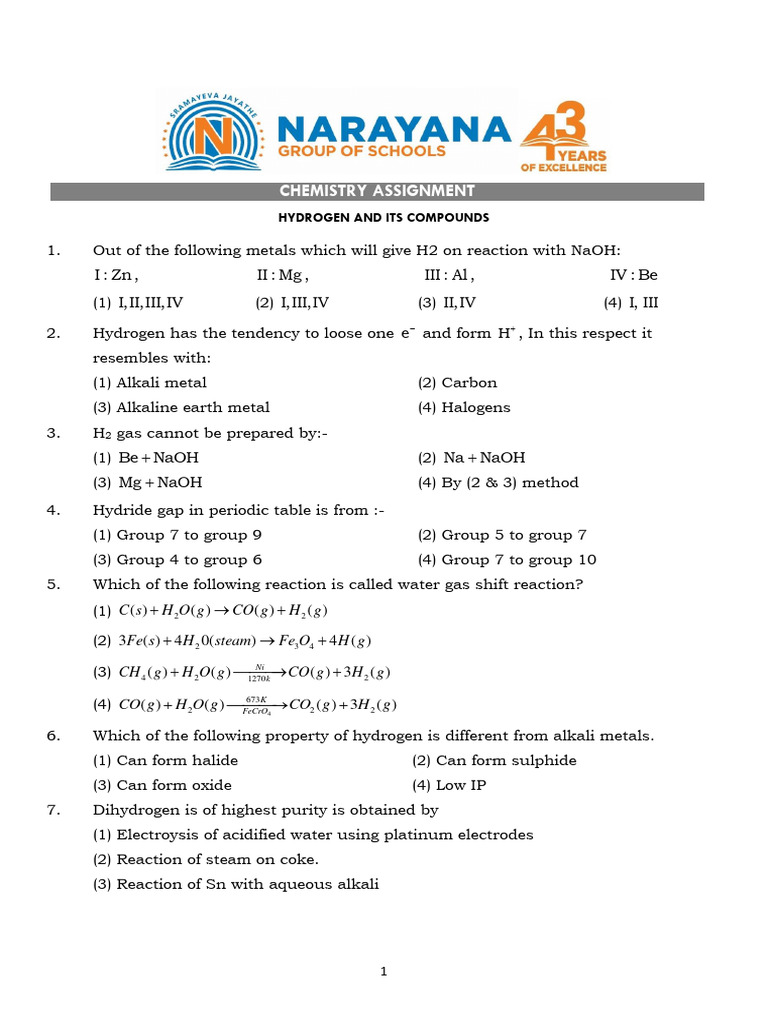 03 - 9TH Co-Iit - P-B - Chemistry - Hydrogen and Its Compunds Assignment | PDF | Hydrogen ...