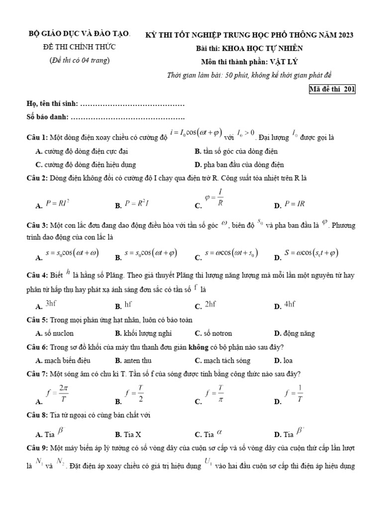 Đề thi môn VẬT LÝ tốt nghiệp THPT năm 2023 chính thức BGD - Mã đề 201 | PDF