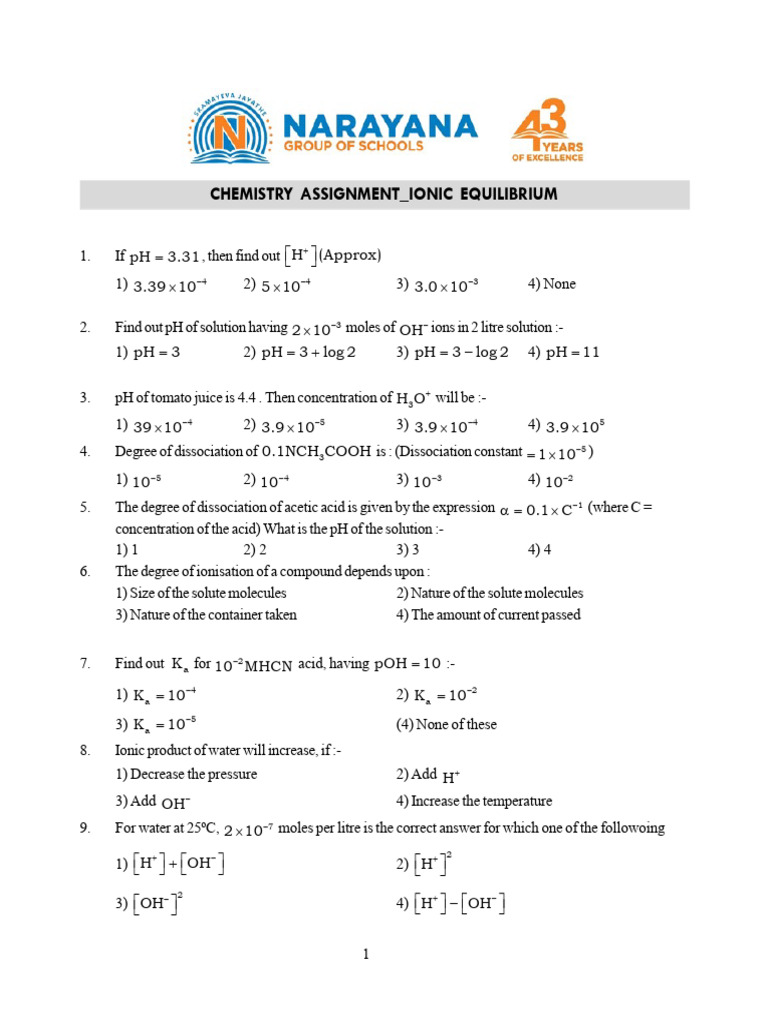 Ionic Equilibrium Chemistry Assignment | PDF | Acid | Ph